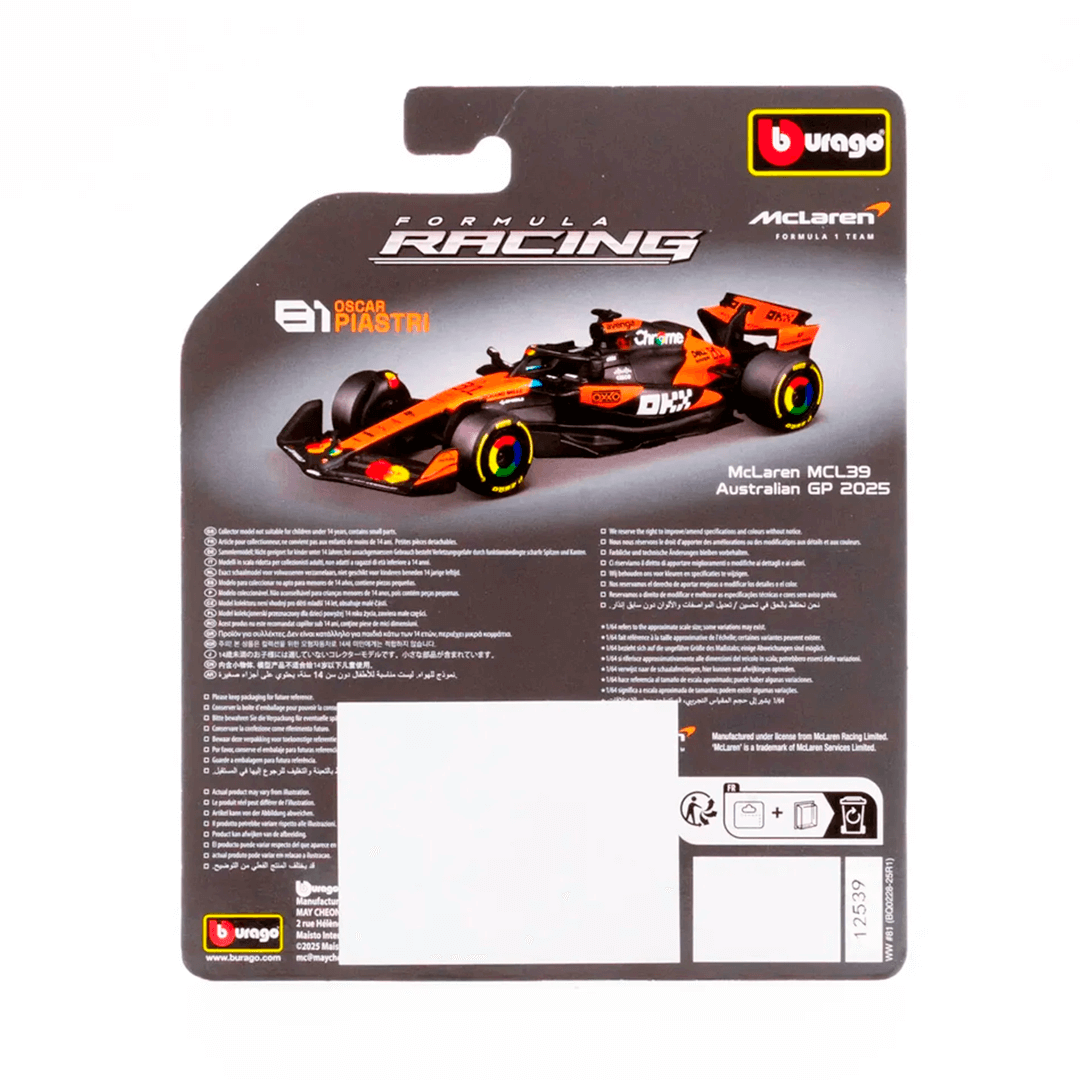 Miniatura F1 McLaren MCL39 Oscar Piastri 2025 1:64 - Bburago